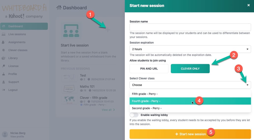 Using Whiteboard.fi with Clever